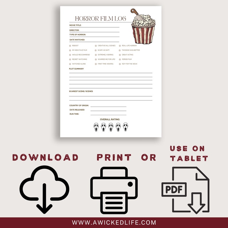 Horror Film Log Sheets, Digital Download, for the Horror Fan - Etsy