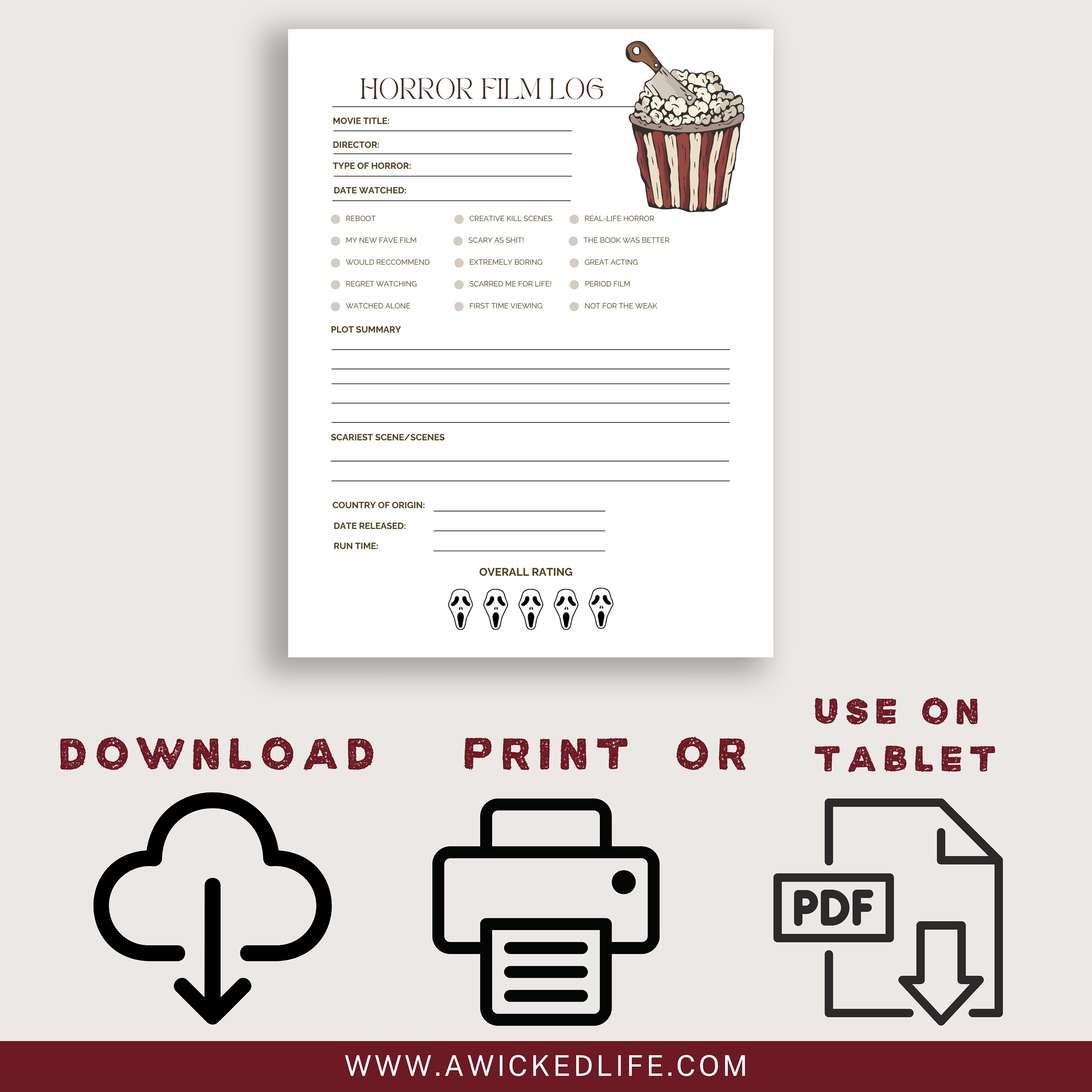 Horror Film Log Sheets, Digital Download, for the Horror Fan - Etsy