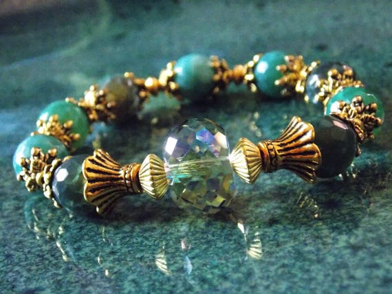 Green Agate Antique Gold Plated Glass Faceted Elegant Etsy