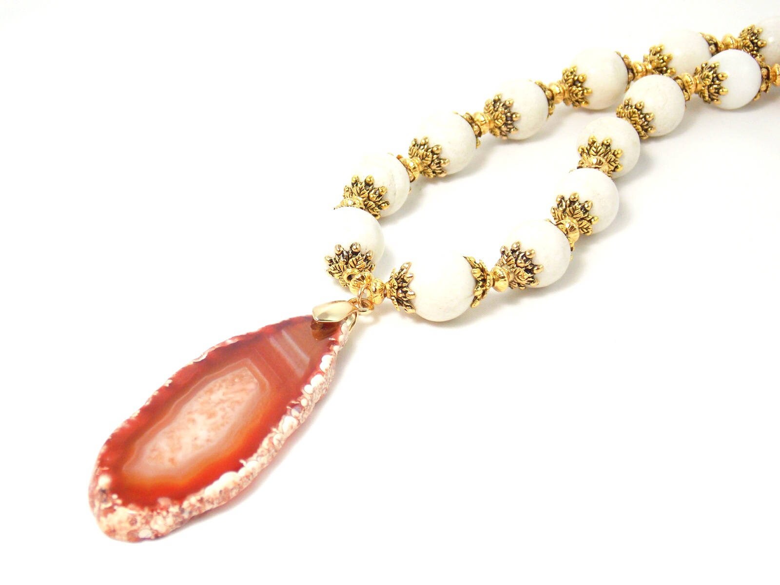 White Quartz, Orange Agate, Gold Plated Beaded Gemstone Pendant Drop ...