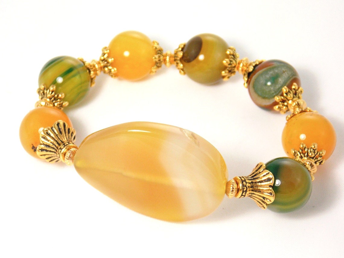 Yellow Agate, Gold Plated, Bold Beaded Gemstone Stretch Statement ...
