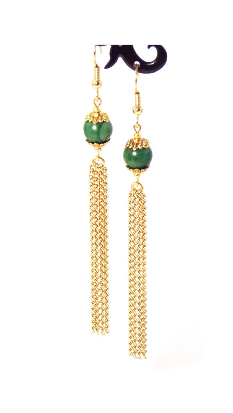 Green Verdite Stone, Gold Plated, Long Dangle Tassel Chain Earrings ...