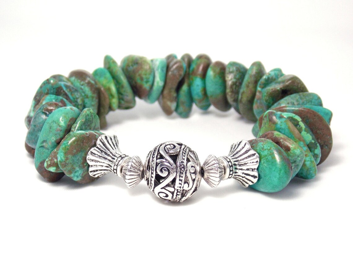 Genuine Green Turquoise Stone, Antique Silver, Chunky Beaded Stretch ...