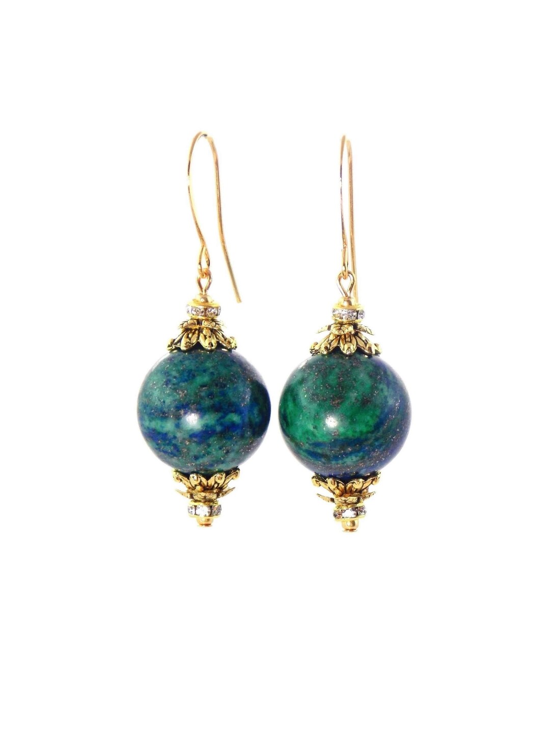 Green & Blue Azurite Ball Drop Short Gold Statement Earrings (clip on ...