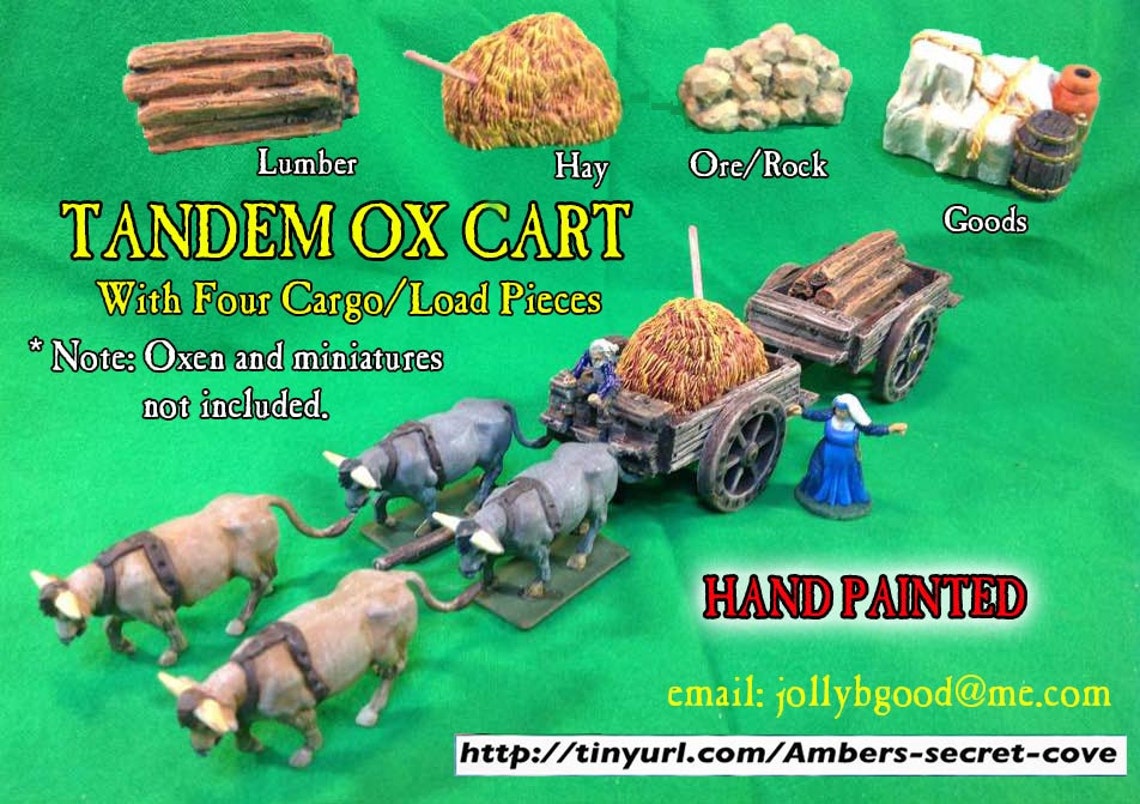 Fantasy Ox Cart Resin Tandem, 2x HANDPAINTED Carts With Four Cargo Load ...