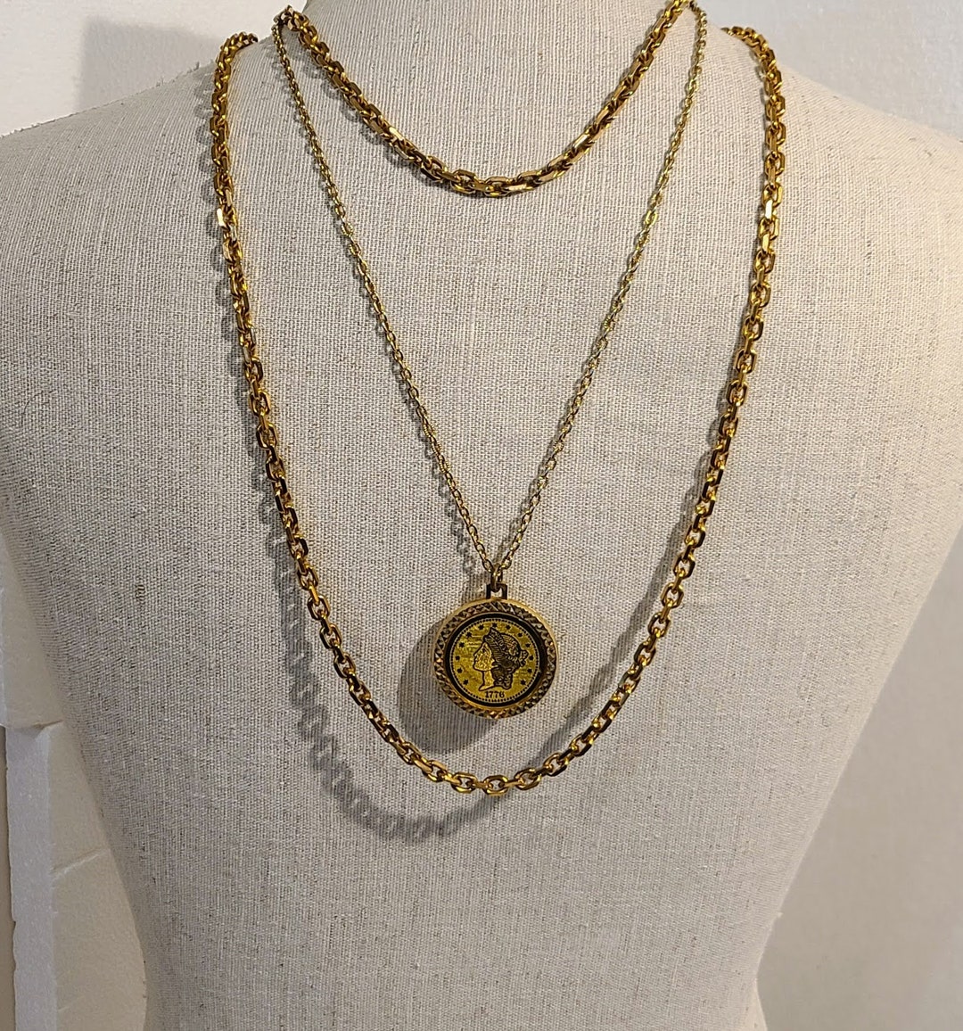 Vintage Gold Coin Necklace, Gold Tone 1776 Coin Pendant Medallion, Link ...