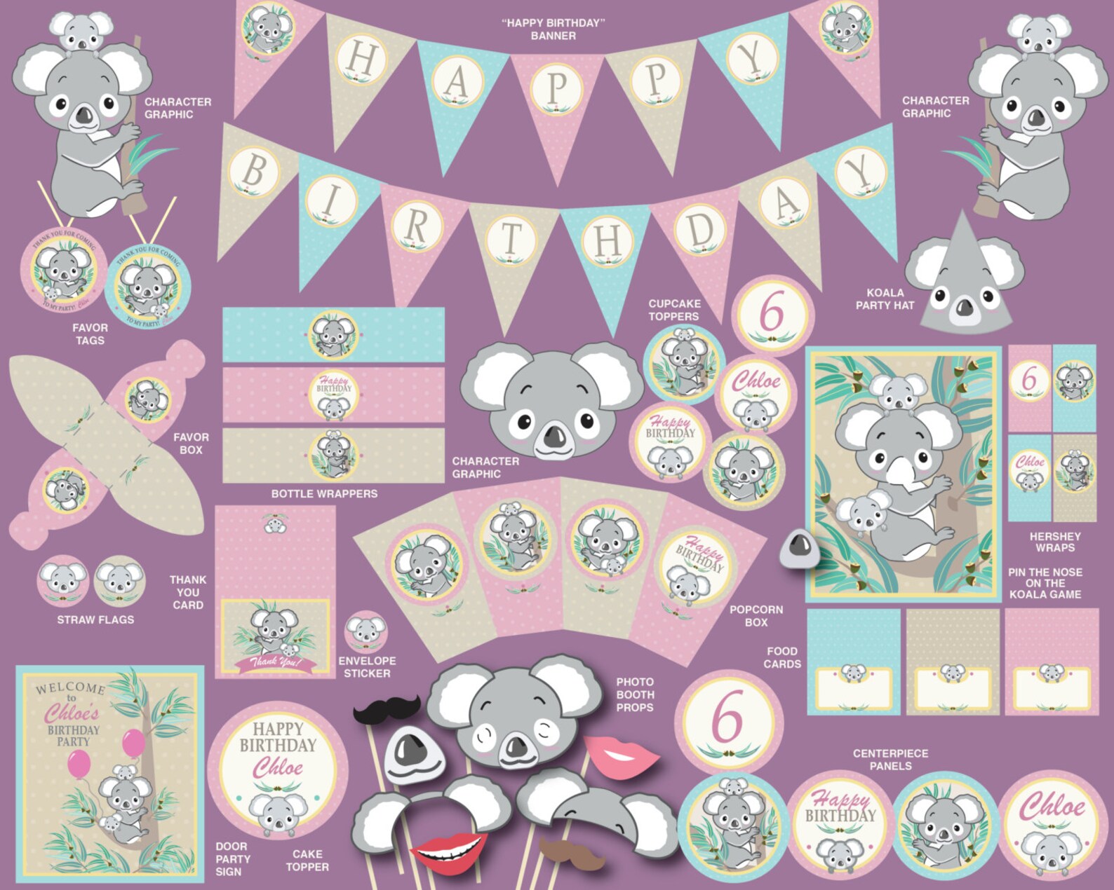 Koala Bear Girl Personalized Printable Birthday Party Package | Koala ...