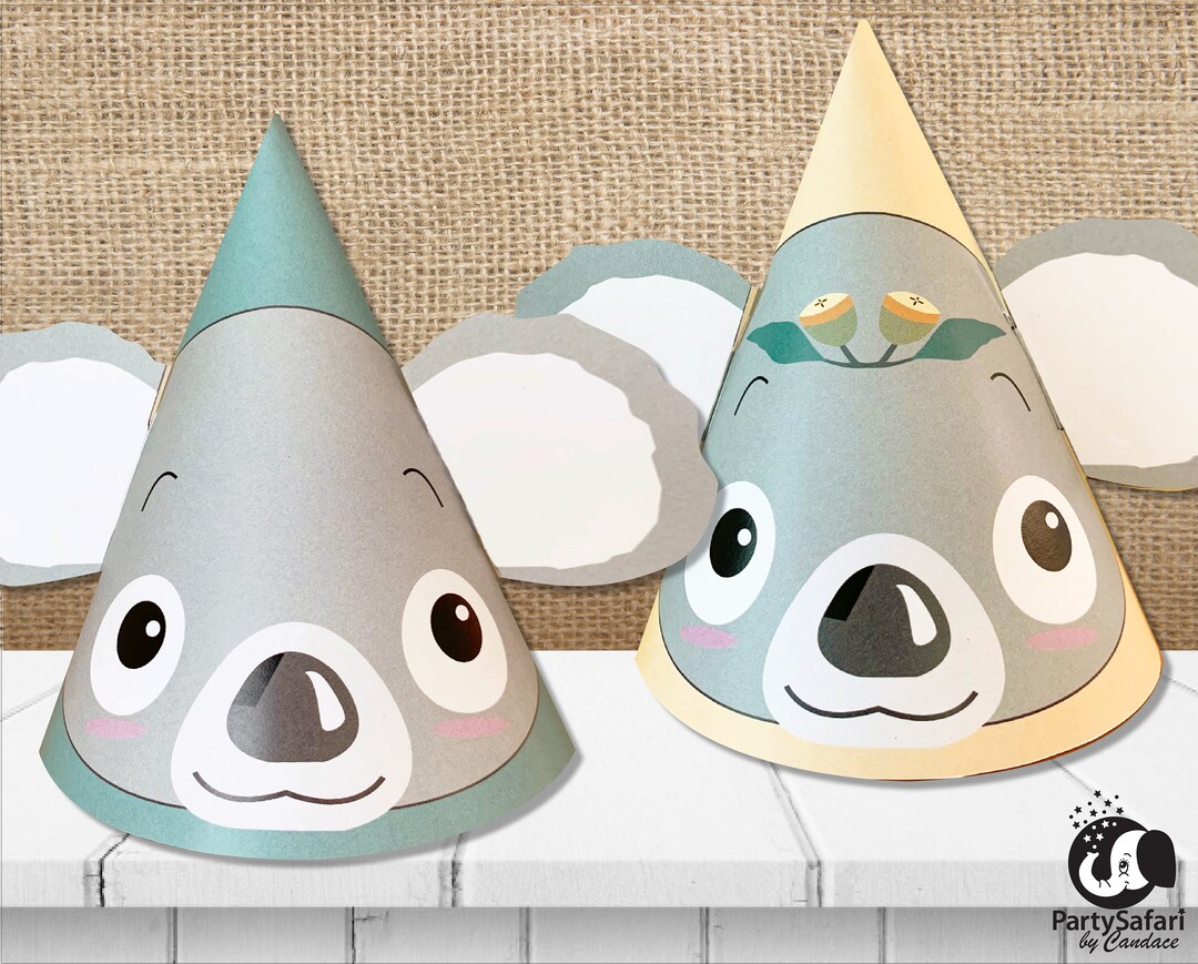 Koala Birthday Party Hats: Blue-green, Yellow, and Orange (printable ...