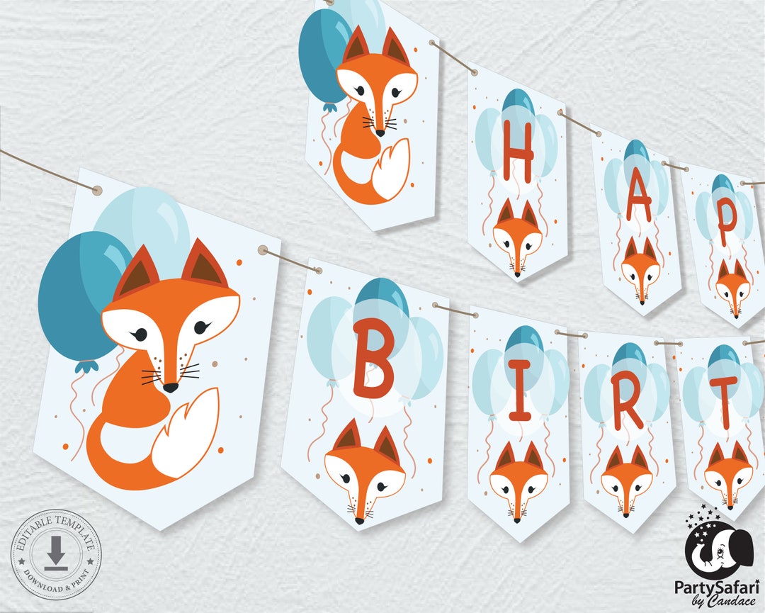 Red Fox Boy HAPPY BIRTHDAY Banner // Red Fox EDITABLE Banner Panels ...