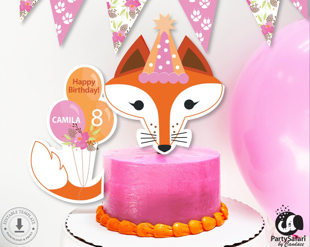 Red Fox Girls EDITABLE Birthday Cake Topper // Red Fox Cake Topper ...