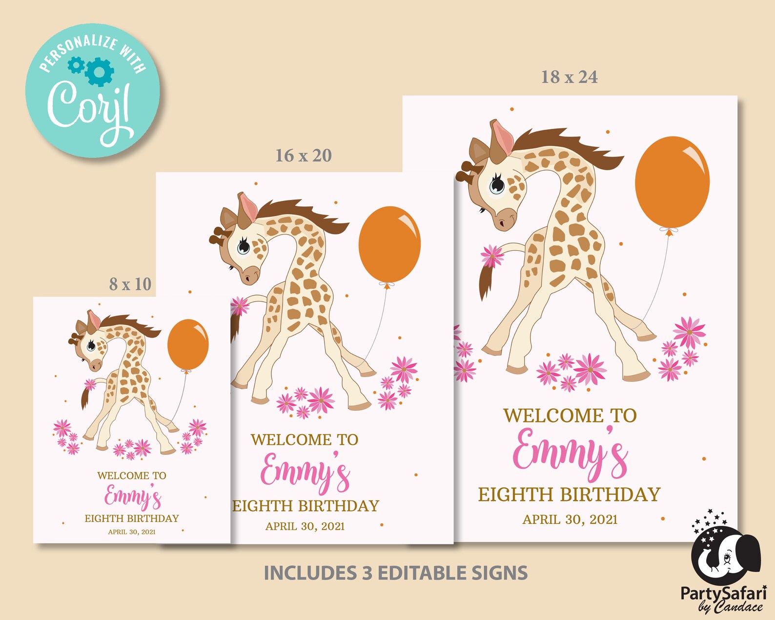 Giraffe GIRL EDITABLE BIRTHDAY Welcome Party Sign // Giraffe Welcome ...