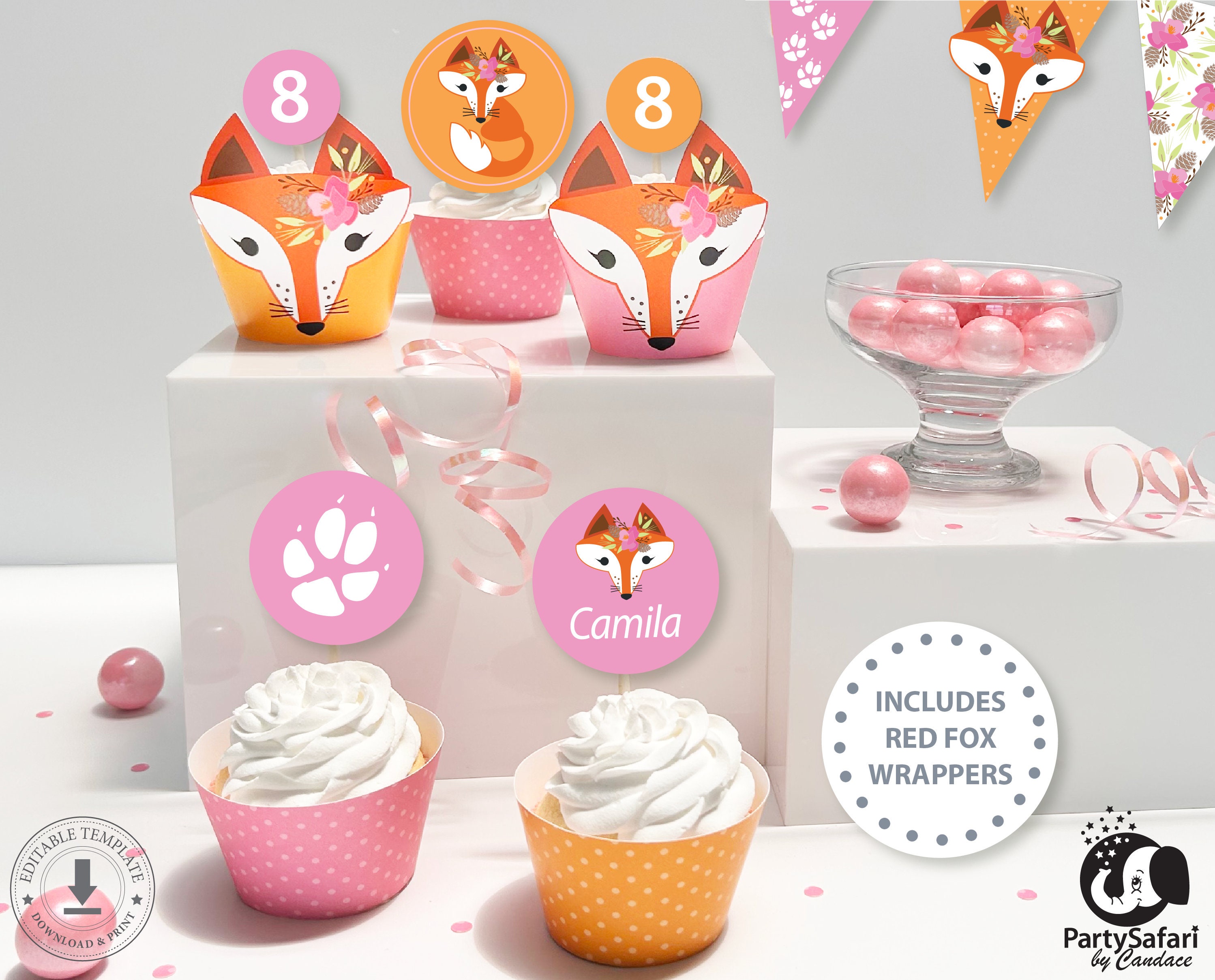 Red Fox Girl EDITABLE Birthday Cupcake Set // Red Fox Cupcake Toppers ...