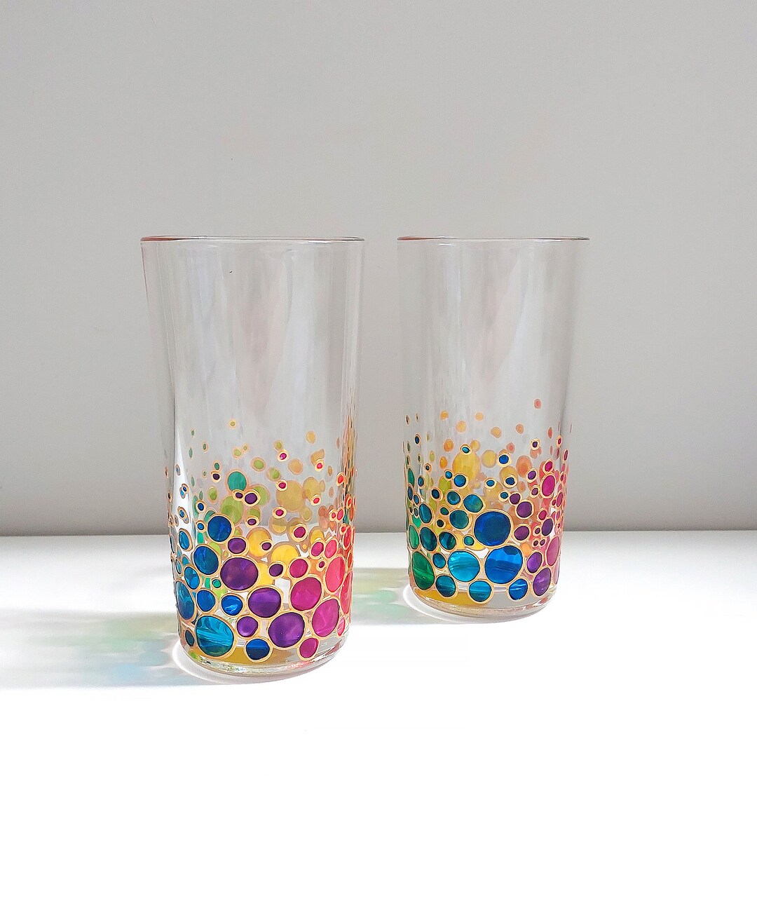 Rainbow Drinking Glasses Set of 2, Couple Colorful Hand Painted Water ...