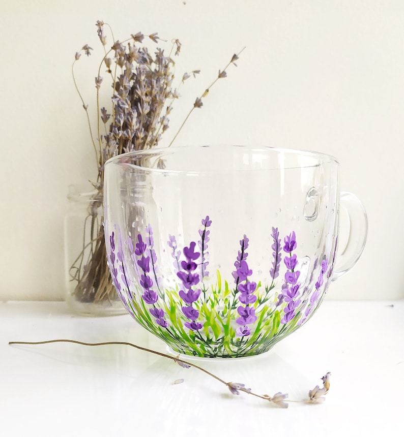 Hand-painted Lavender Glass Mug: Floral Coffee Cup, Provence Decor - Etsy