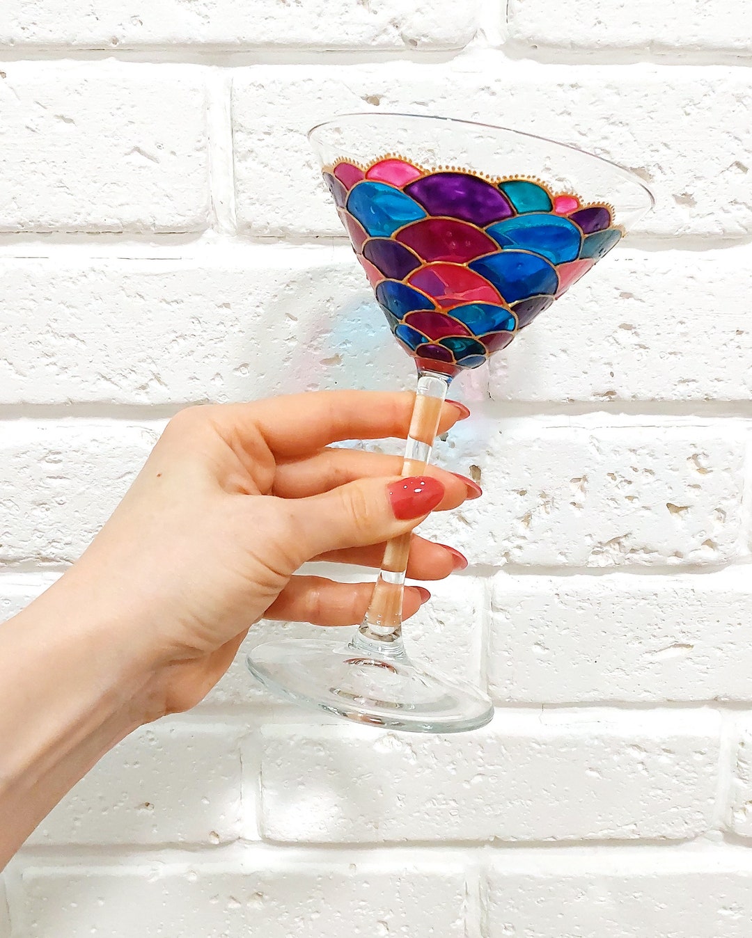 Mermaid Martini Glass, Hand-painted Cocktail Glass, Fish Scale Wine ...