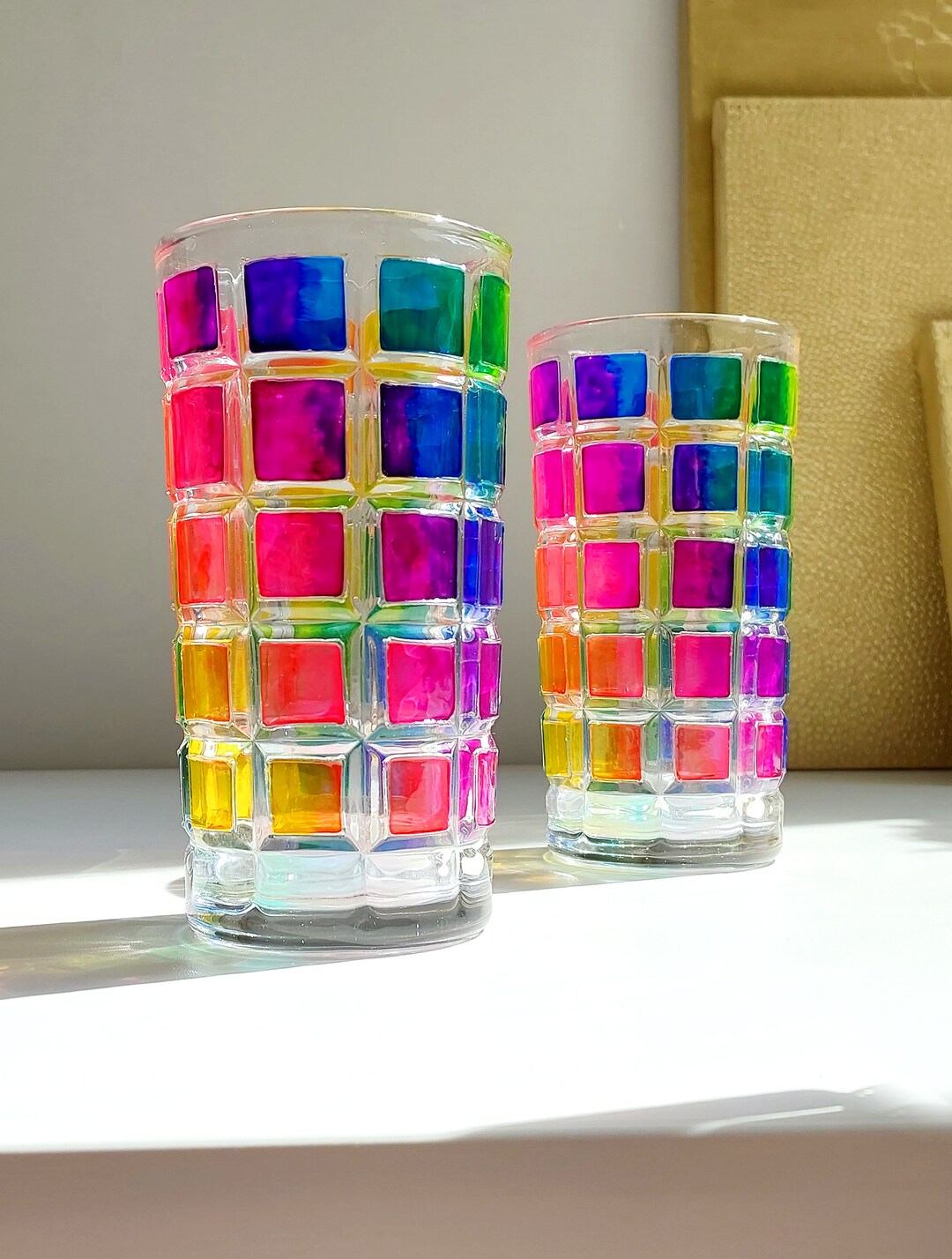 Rainbow Ribbed Drinking Glasses Set, Painted Colorful Mosaic Glass ...