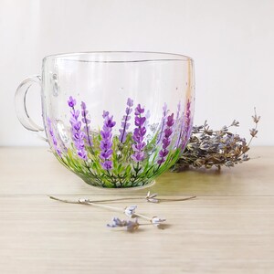 Lavender Big Glass Mug Floral Hand Painted Coffee Mug Gift | Etsy