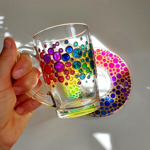 Rainbow Glass Coffee Cup & Saucer Set, Colorful Hand-painted Coffee Mug ...