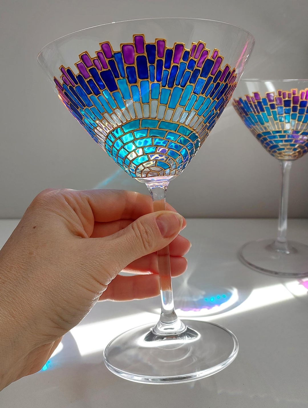 Martini Glass: Blue Sun Ray Hand-painted Cocktail Glass - Etsy