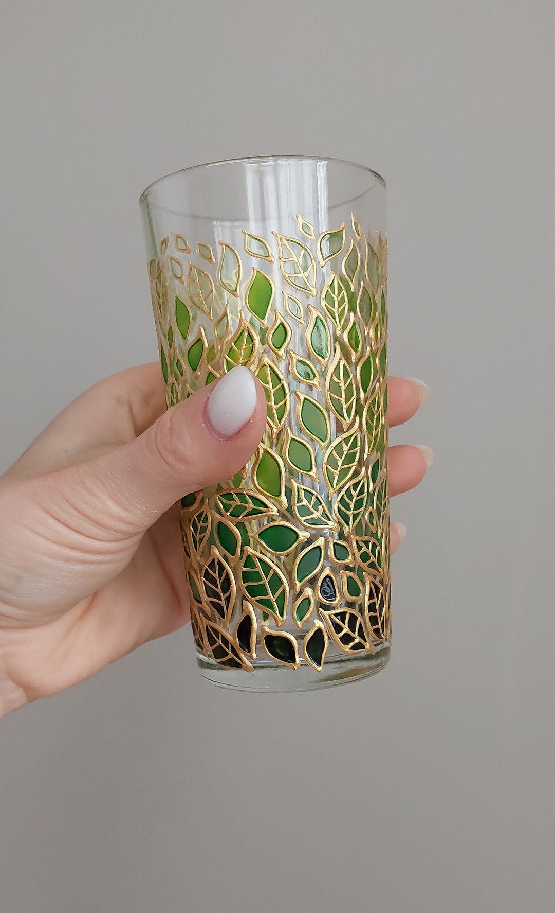Floral Drinking Glass Painted With Green Gradient Leaves, Plant Lover ...