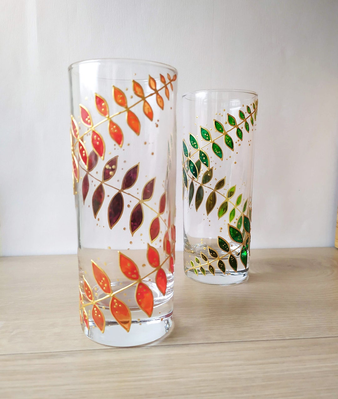Hand-painted Botanical Glassware Set: Fall & Spring Leaves Water ...