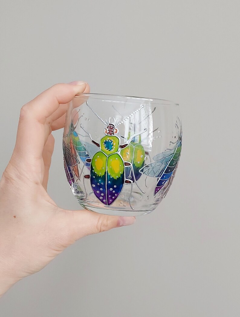 Bugs & Beetles Stemless Wine Glass, Custom Hand-painted Insect Wine ...