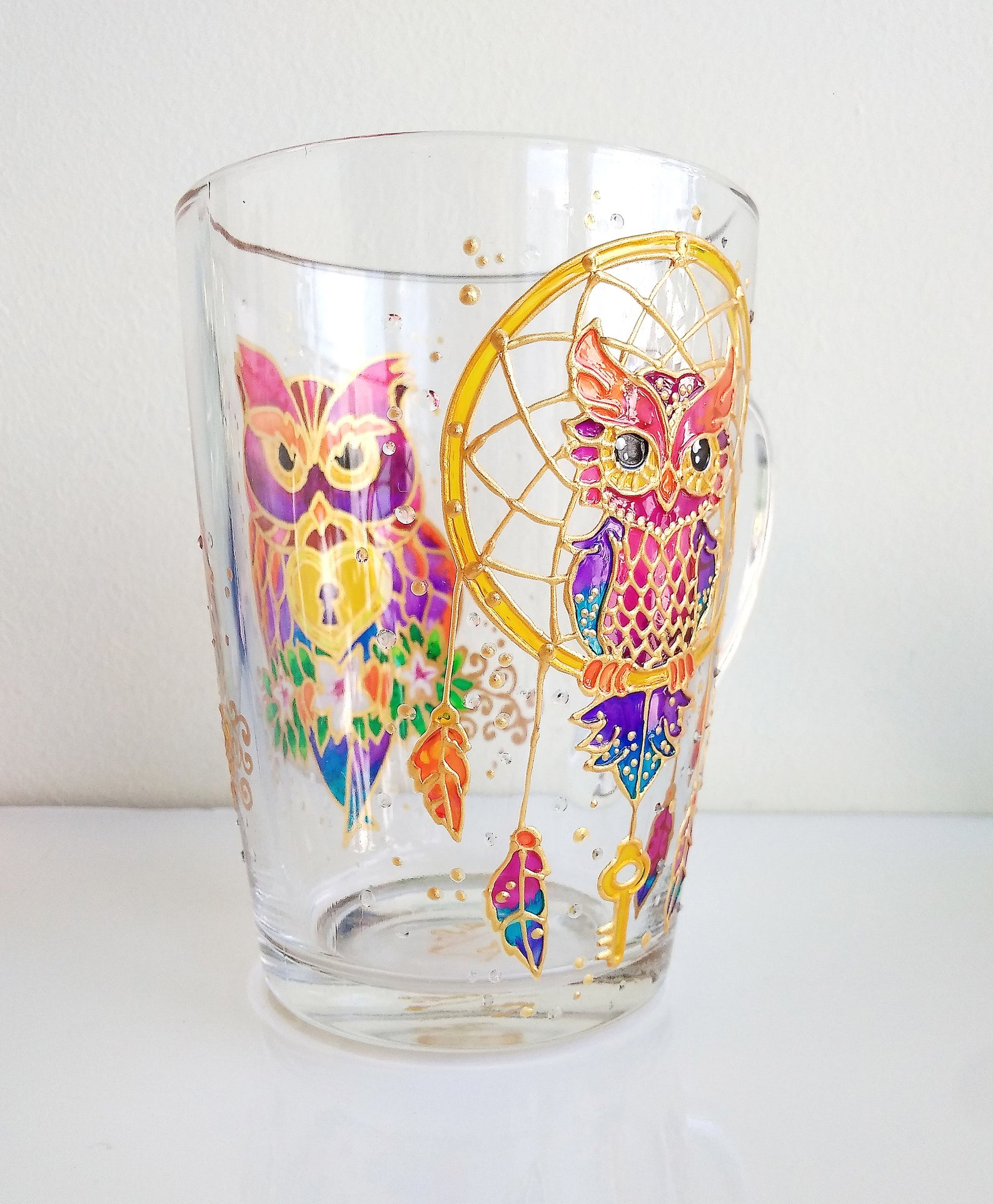 Colored owls mug glass owl coffee cup for her fantasy birds | Etsy