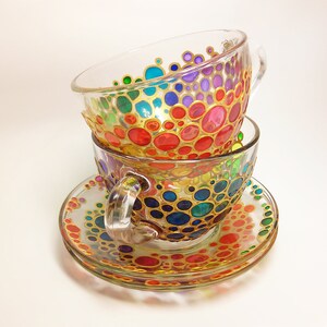 Rainbow Tea Cups & Saucers Set of 4 Painted Glass Cups With 4 Saucers ...