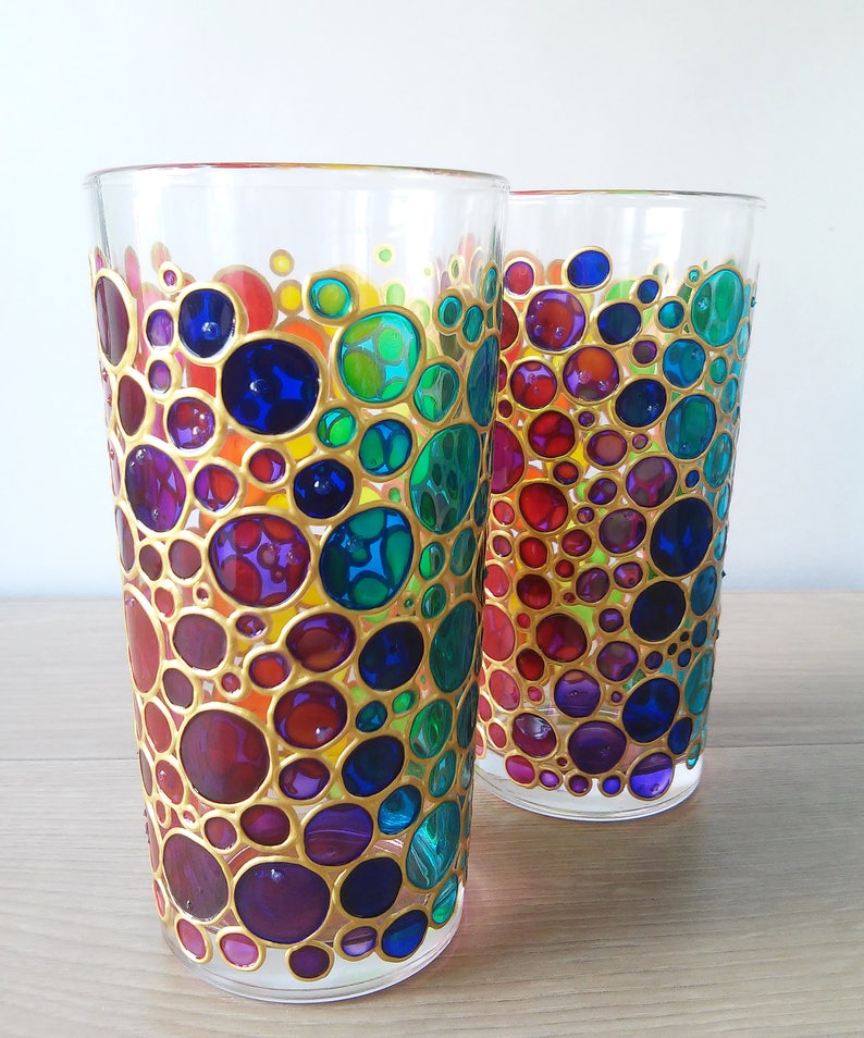 Rainbow Drinking Glasses Set of 2 Couple Glass Hand Painted Colored ...