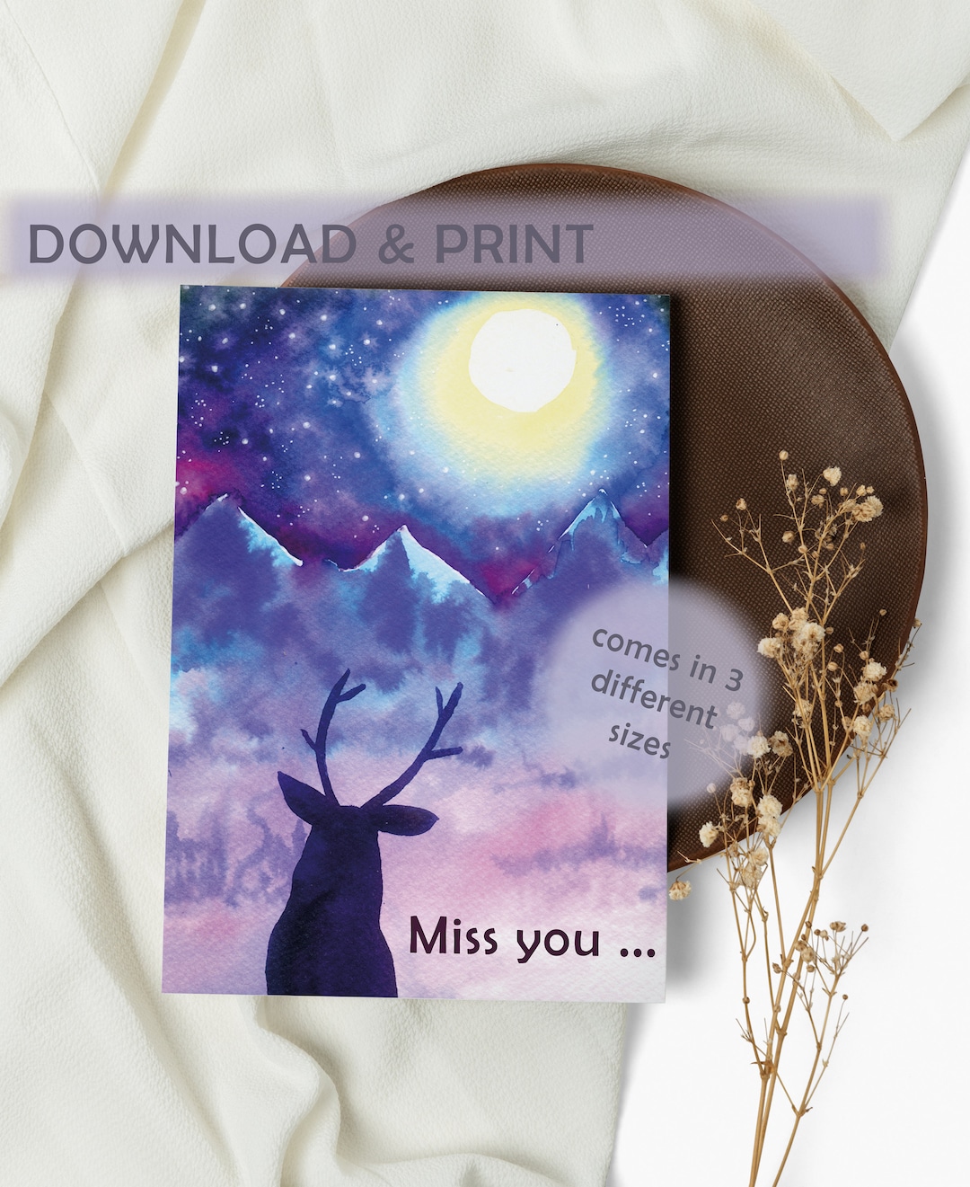 Miss You Printable Greeting Card With Painted Deer, Instant Download ...