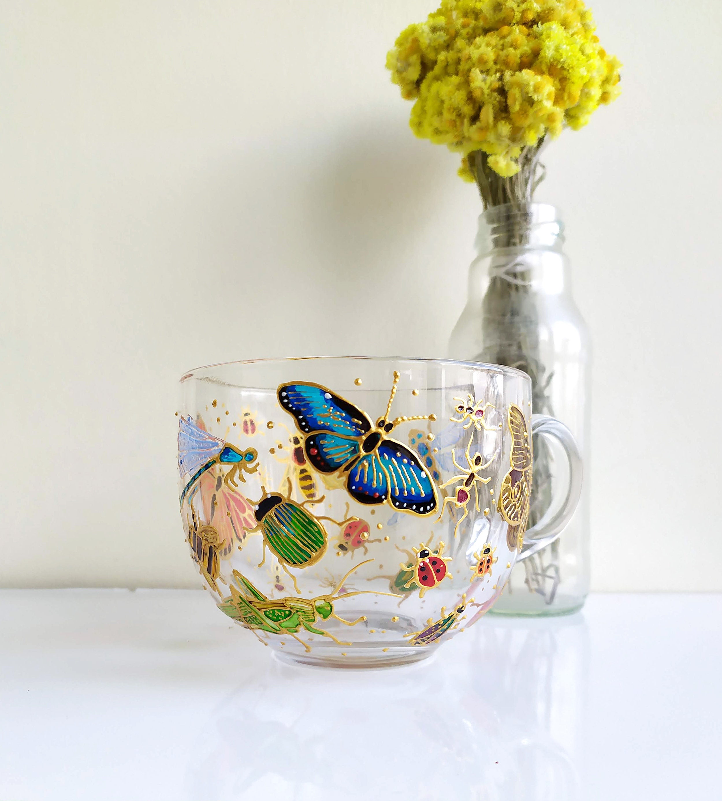 Bugs & beetles big glass mug Insects hand painted coffee mug | Etsy