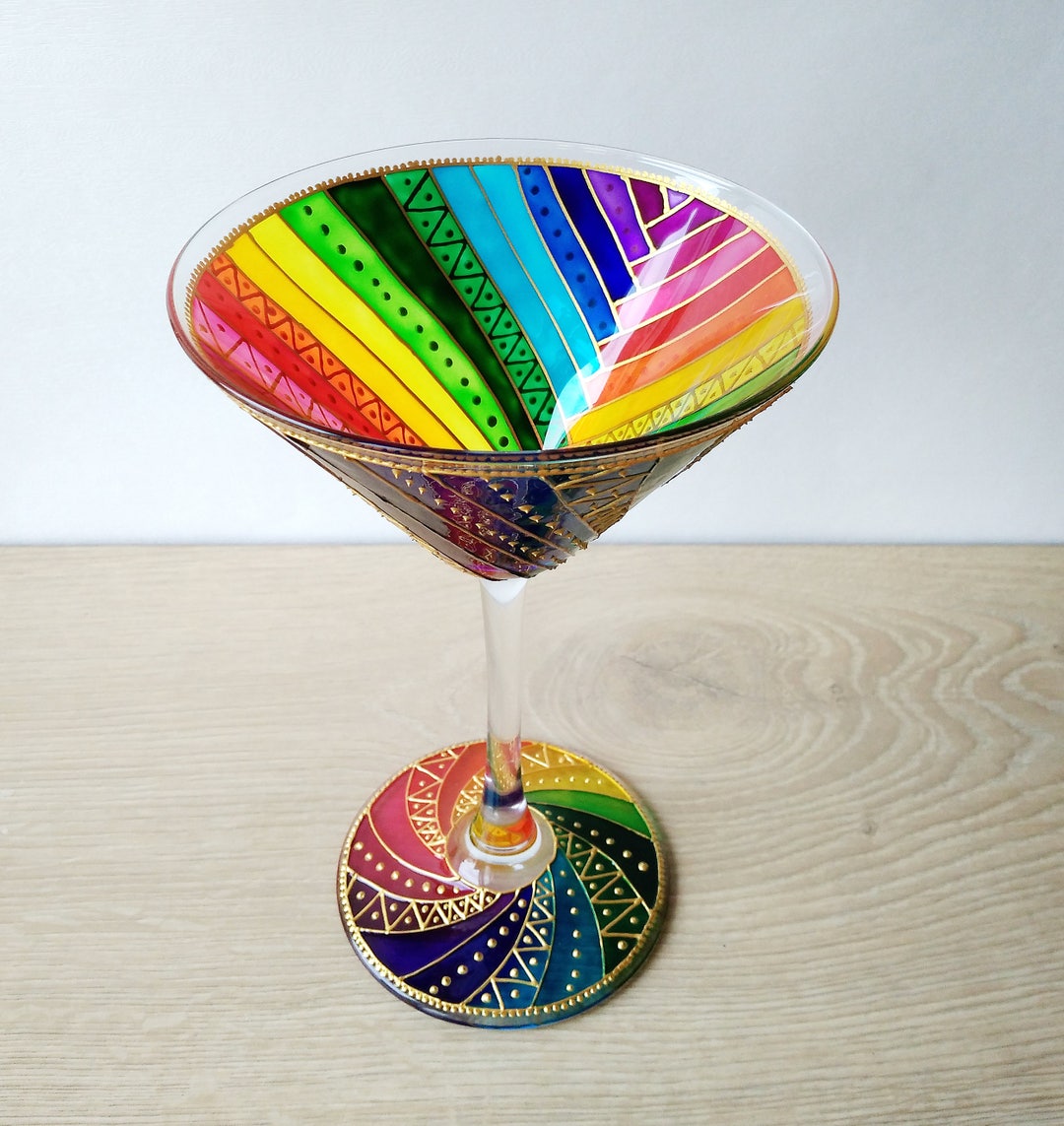 Rainbow Martini Glass, Hand Painted Cocktail Glasses, Rainbow Stripes ...