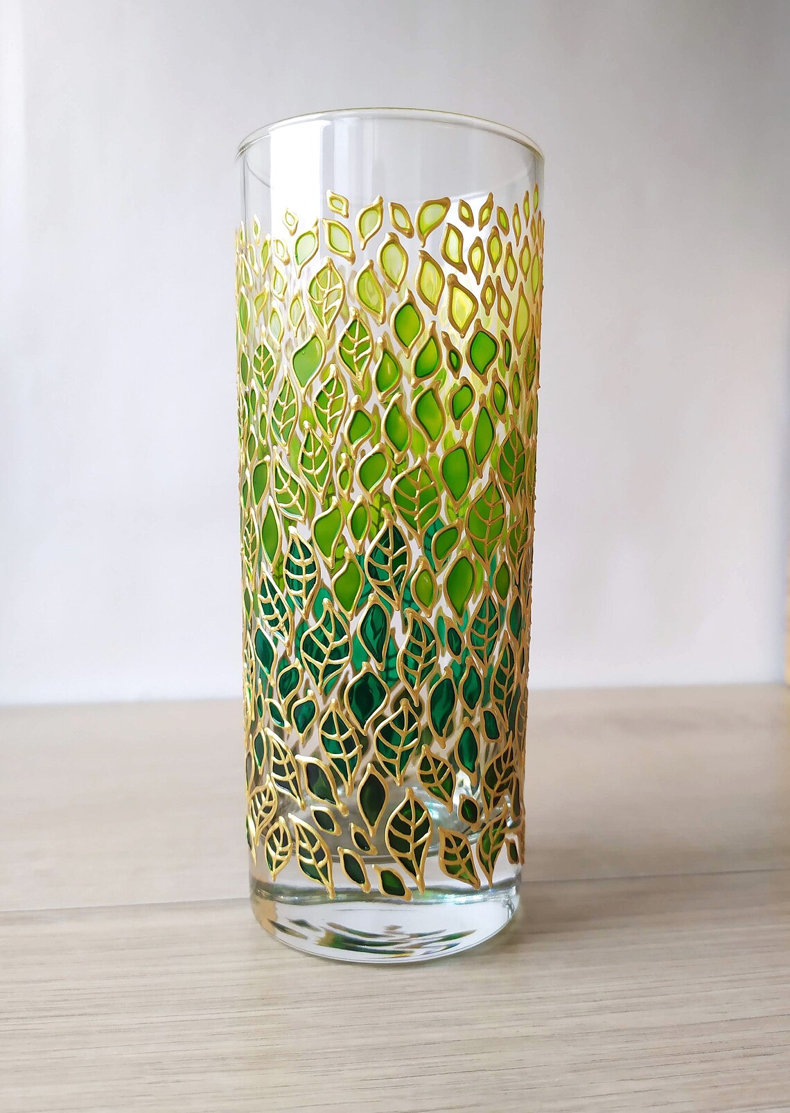 Floral Drinking Glass Painted With Green Gradient Leaves - Etsy Ireland
