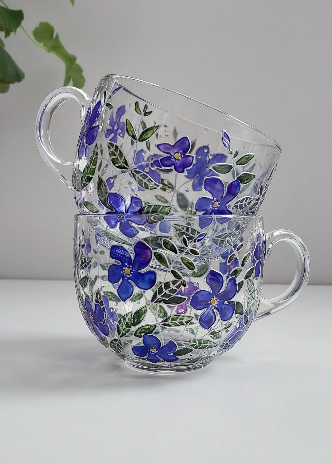 Periwinkle Glass Mugs Set of 2 Big 17 Oz Cups for Couple, Hand Painted ...