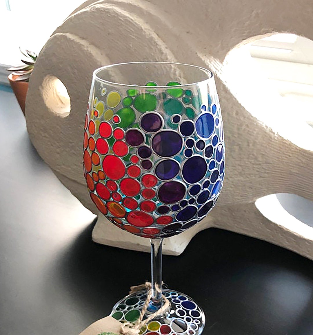 Rainbow Wine Glass, Hand Painted Multi Colored Bubbles Design - Etsy