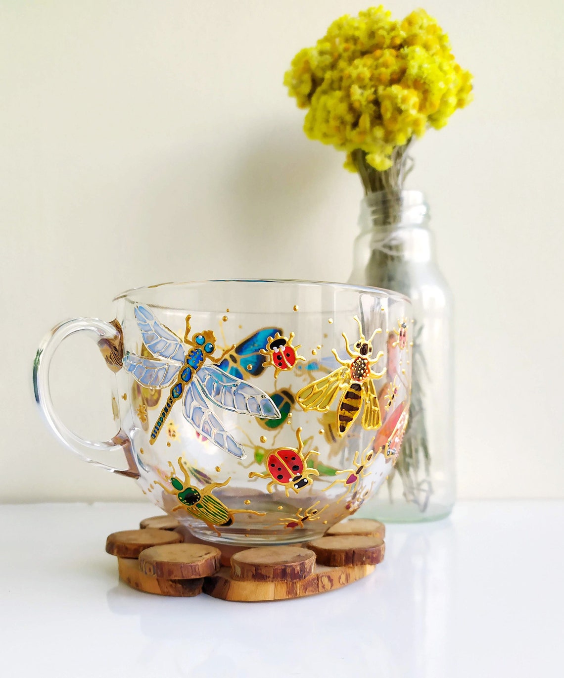 Bugs & beetles big glass mug Insects hand painted coffee mug | Etsy