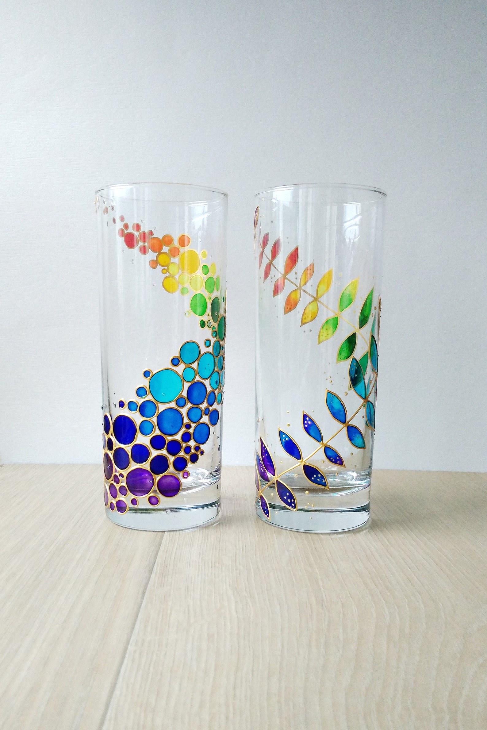 Rainbow Drinking Glasses Set of 2 Hand-painted Floral Colorful Tumblers ...
