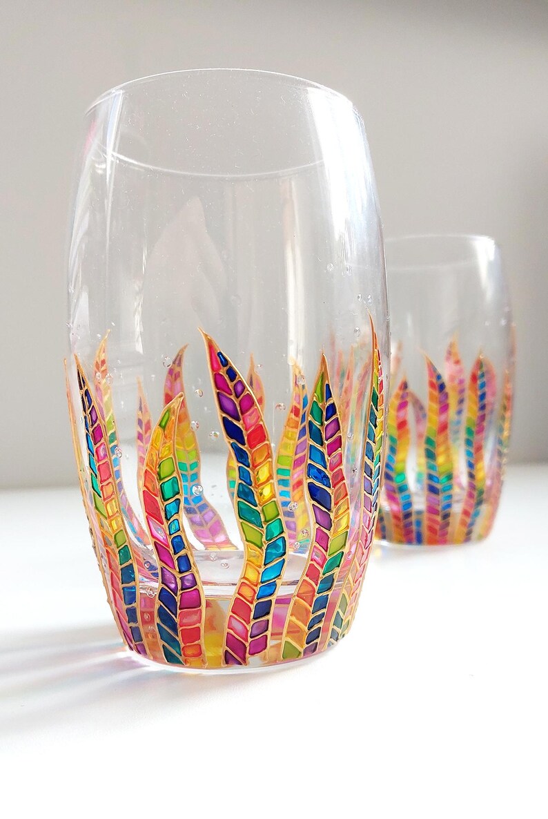 Rainbow Feather Water Glasses Set of 2, Hand-painted Colorful Gift ...