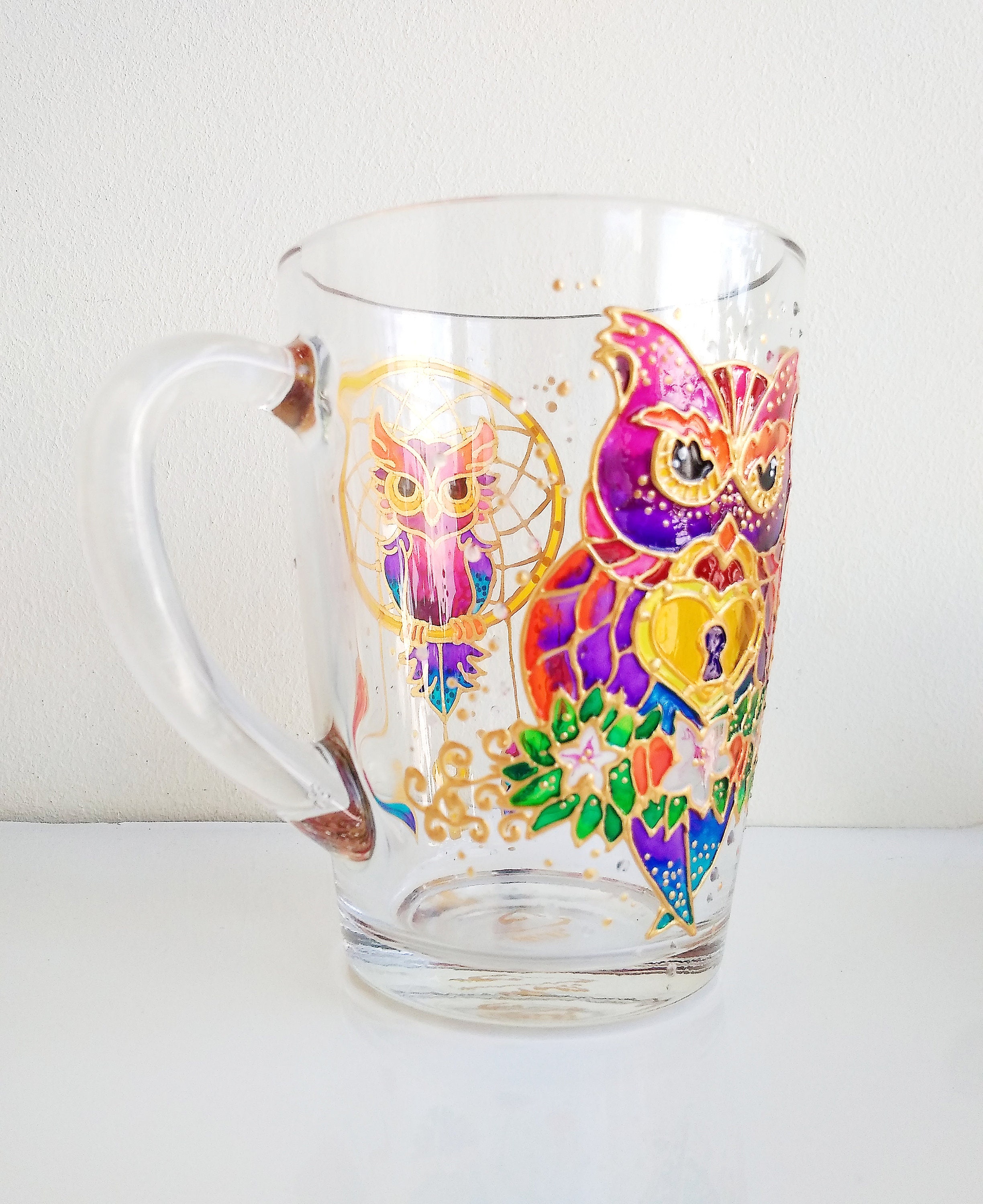 Colored owls mug glass owl coffee cup for her fantasy birds | Etsy