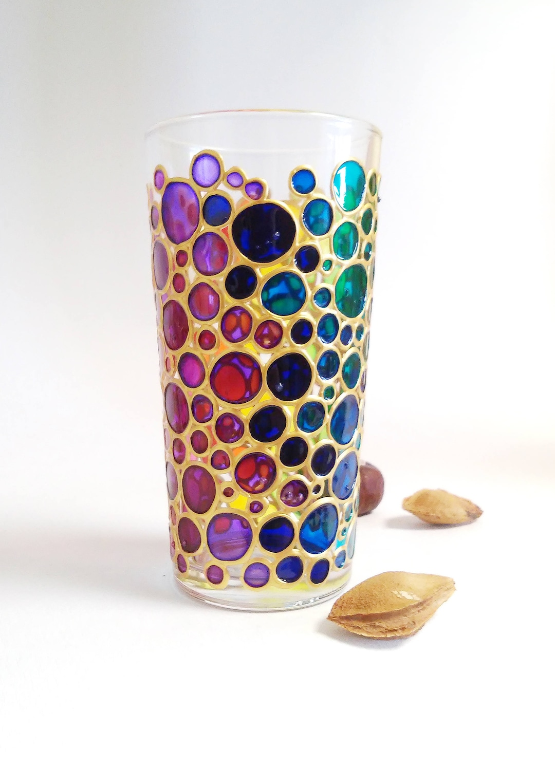 Rainbow Water Glass Multi Colored Bubbles Sun Catcher Tumbler Hand ...