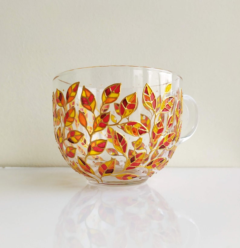 Fall Leaves Glass Mug Hand Painted Nature Lover Gift Cup | Etsy