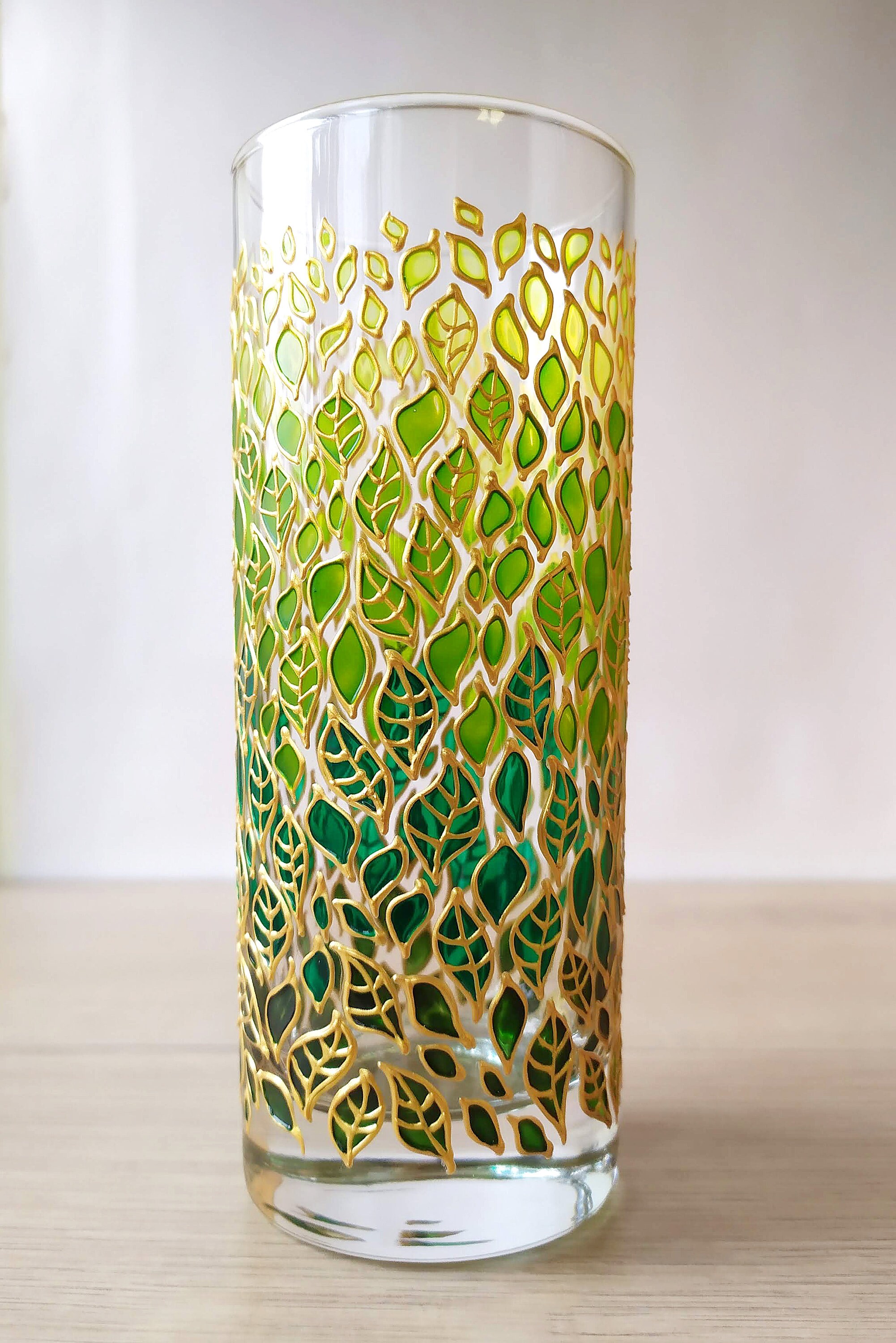 Floral Drinking Glass Painted With Green Gradient Leaves - Etsy Ireland
