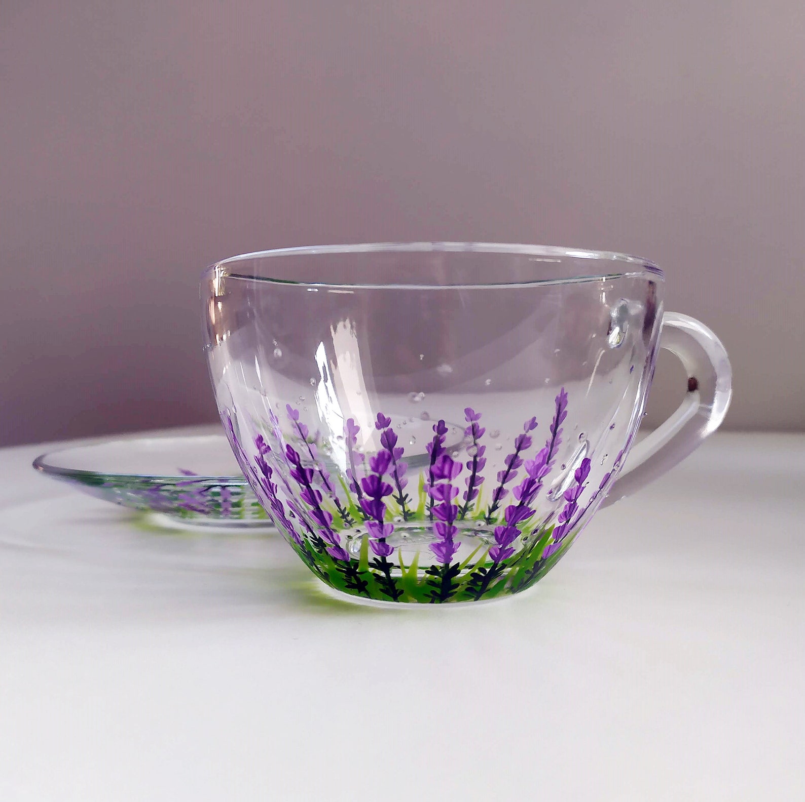 Hand-painted Lavender Tea Cup and Saucer Set: Floral Glass Gift - Etsy