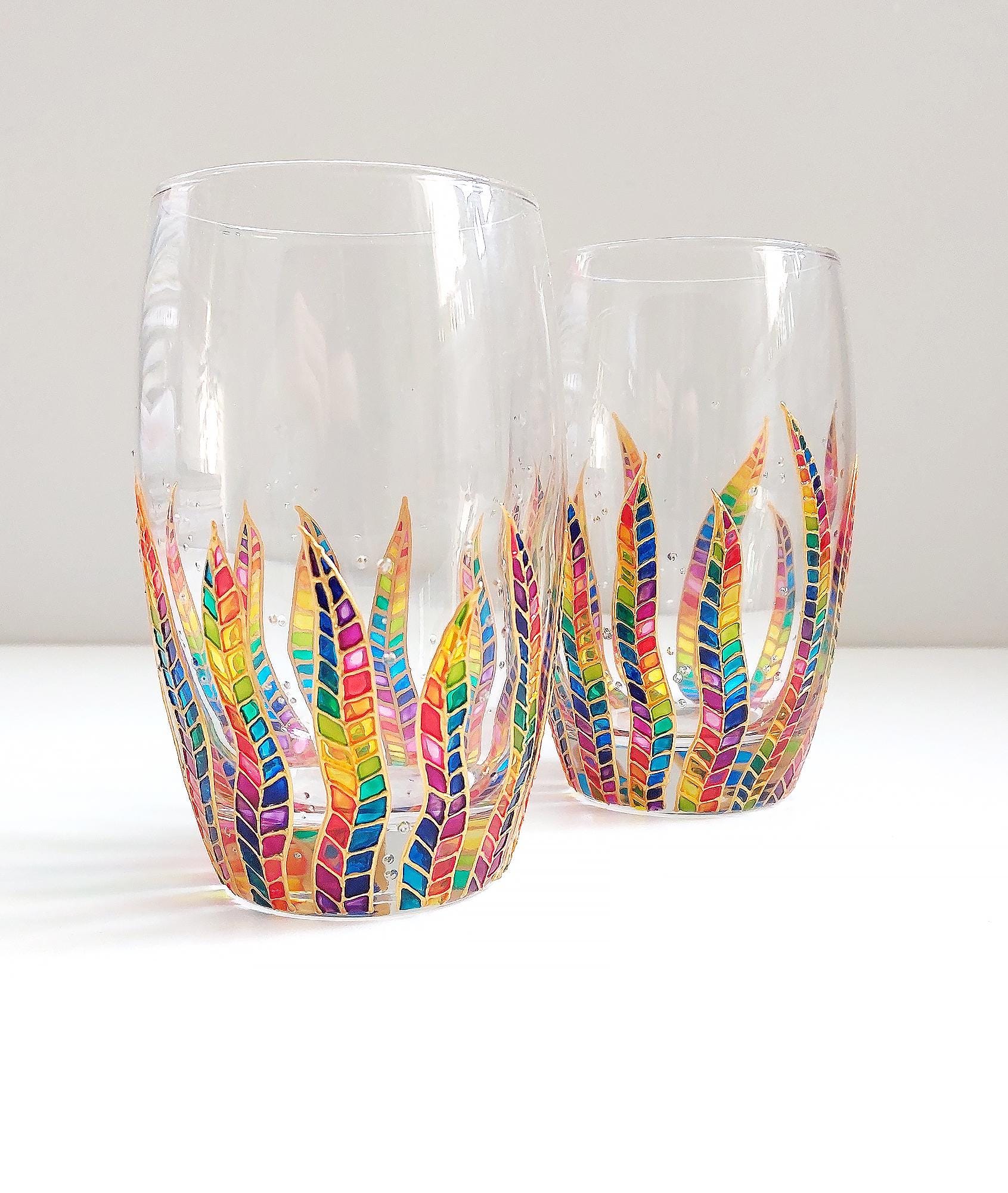 Rainbow Feather Water Glasses Set of 2, Hand-painted Colorful Gift ...