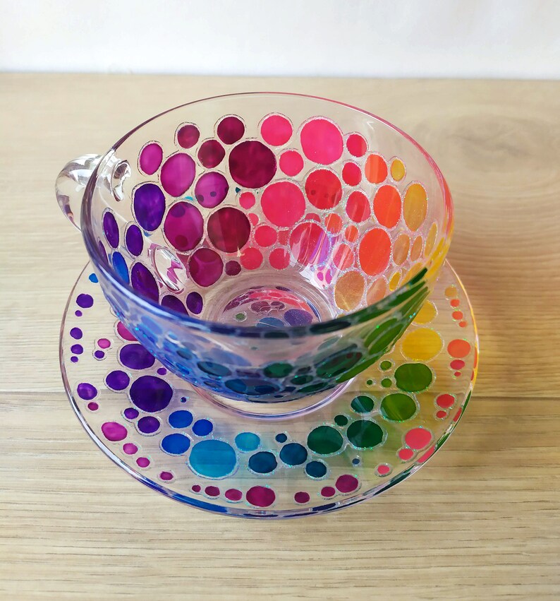 Hand Painted Rainbow Glass Tea Cup and Saucer Set - Etsy