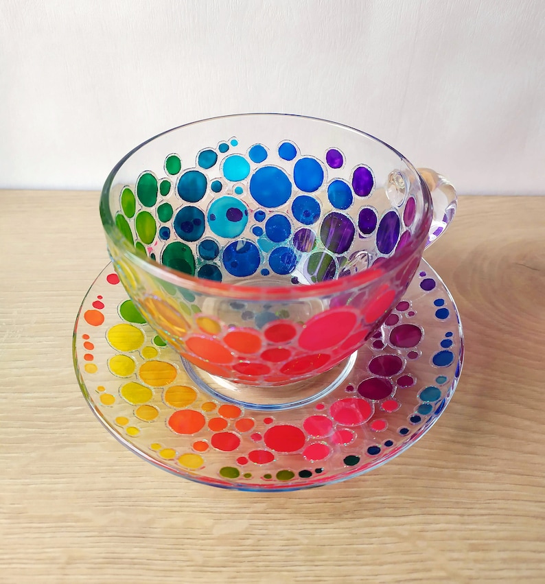 Hand Painted Rainbow Glass Tea Cup and Saucer Set - Etsy
