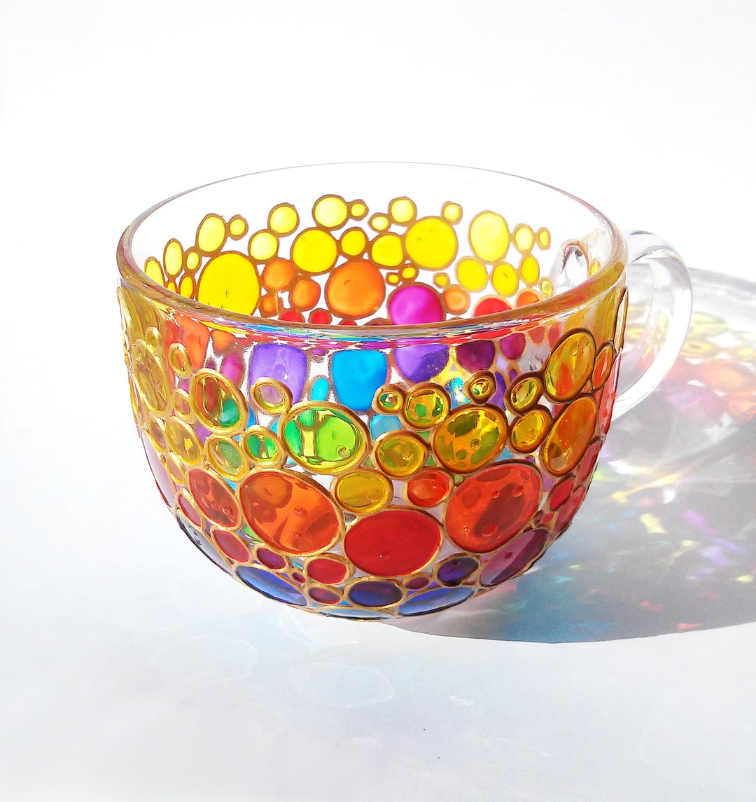 Rainbow Glass Mug, Hand Painred Coffee Mug With Funny Colorful Bubbles ...