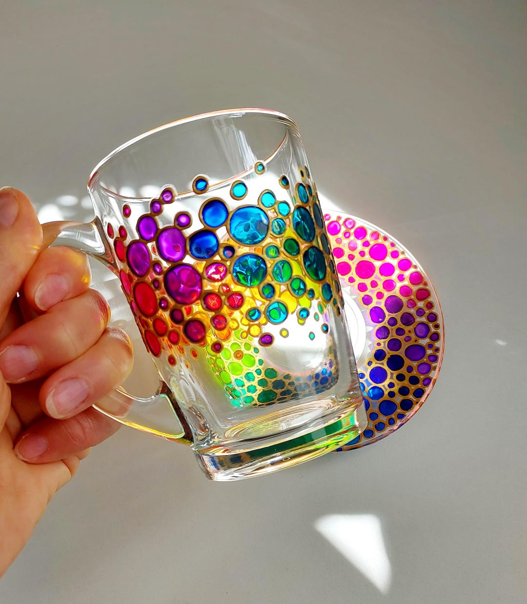 Rainbow Glass Coffee Cup & Saucer Set, Colorful Hand-painted Coffee Mug ...