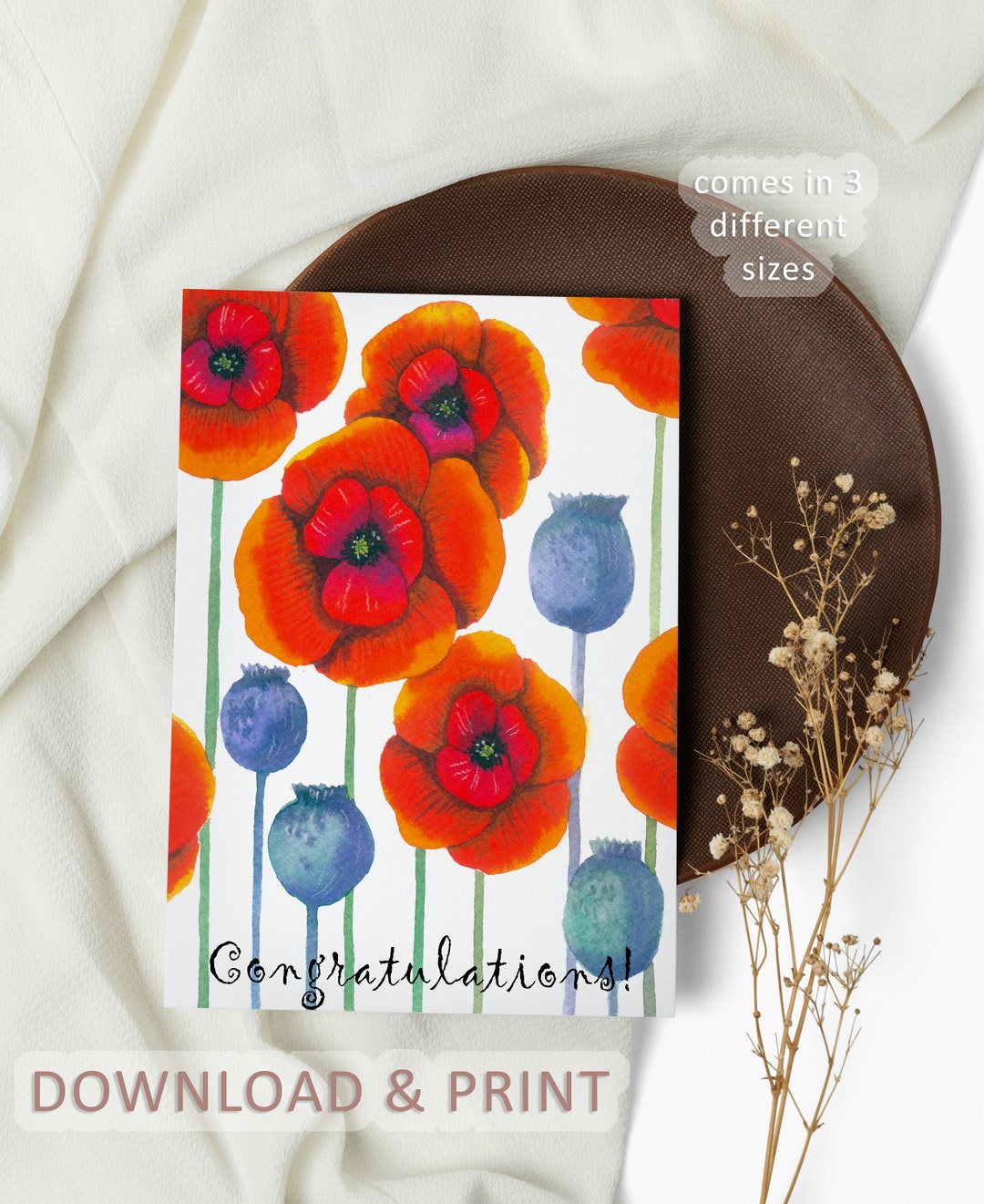 Congratulations Printable Greeting Card With Painted Red Flowers ...