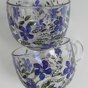 Periwinkle Glass Mugs Set of 2 Big 17 Oz Cups for Couple, Hand Painted ...